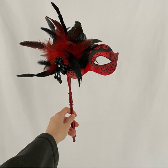 Accessories | Red Black Masquerade Mask With Feathers And Beaded Handle ...